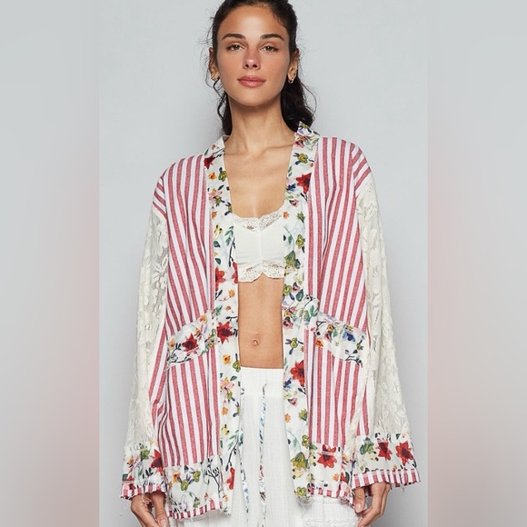 POL | Tops | Pol Lace Long Sleeve Striped Cardigan With Floral ...